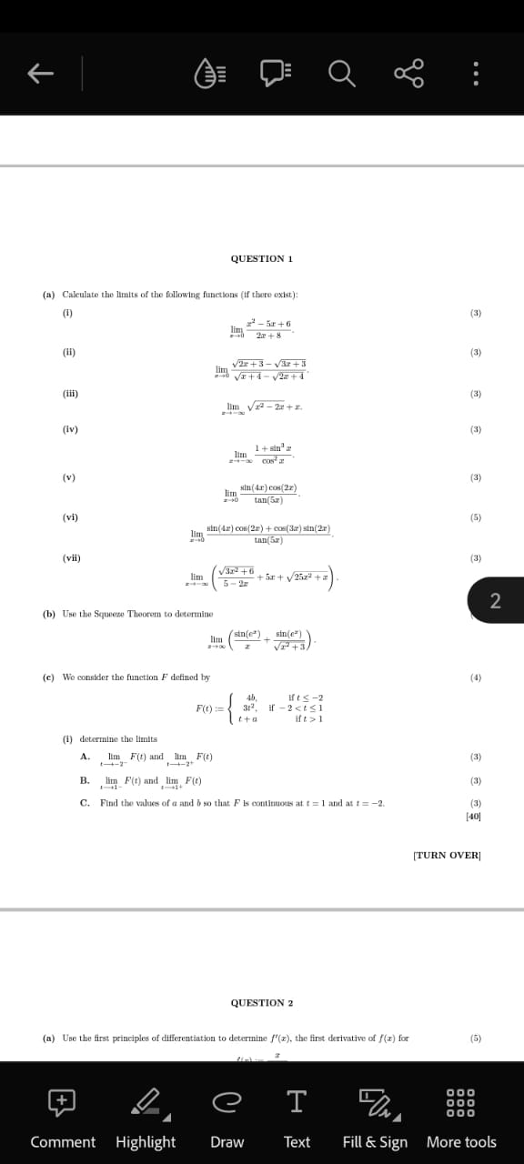 Solved QUESTION 1(a) ﻿Calculate the limits of ﻿the following | Chegg.com