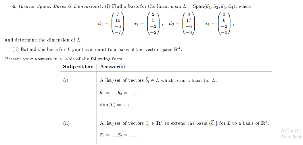 Solved 6 4. (Linear Spans: Bases & Dimensions). (i) Find a | Chegg.com