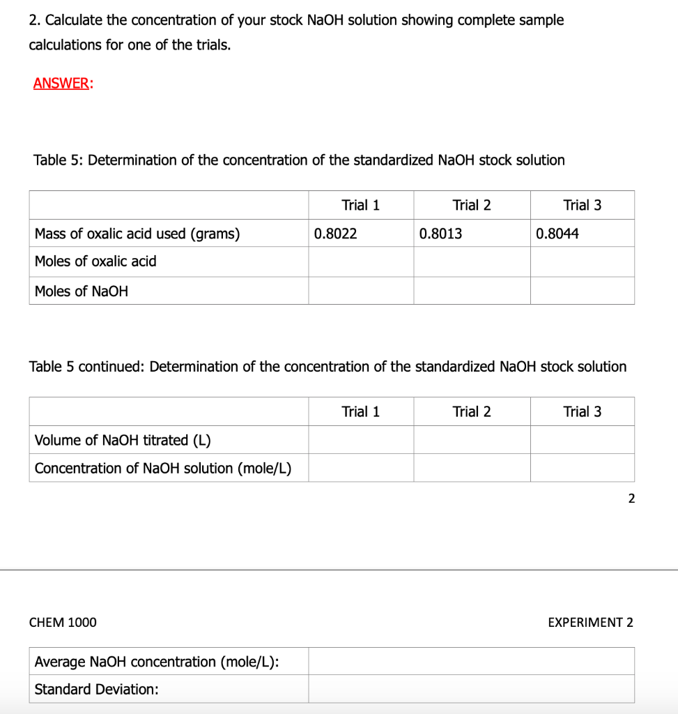 Solved 2. Calculate the concentration of your stock NaOH | Chegg.com