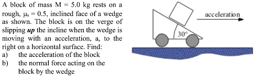 Solved acceleration 30° A block of mass M 5.0 kg rests on a | Chegg.com
