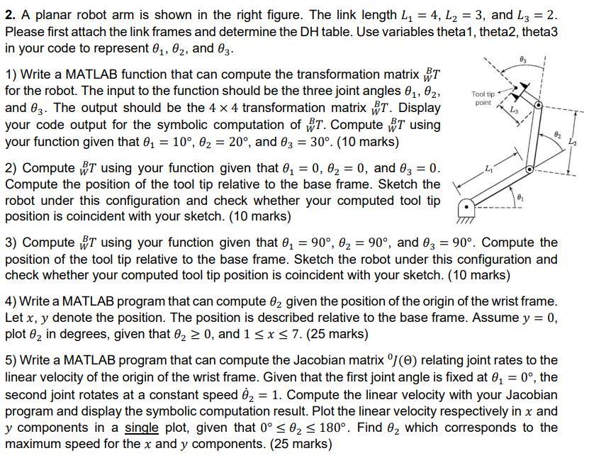 Solved Tooltip point 83 - - = 2. A planar robot arm is shown | Chegg.com