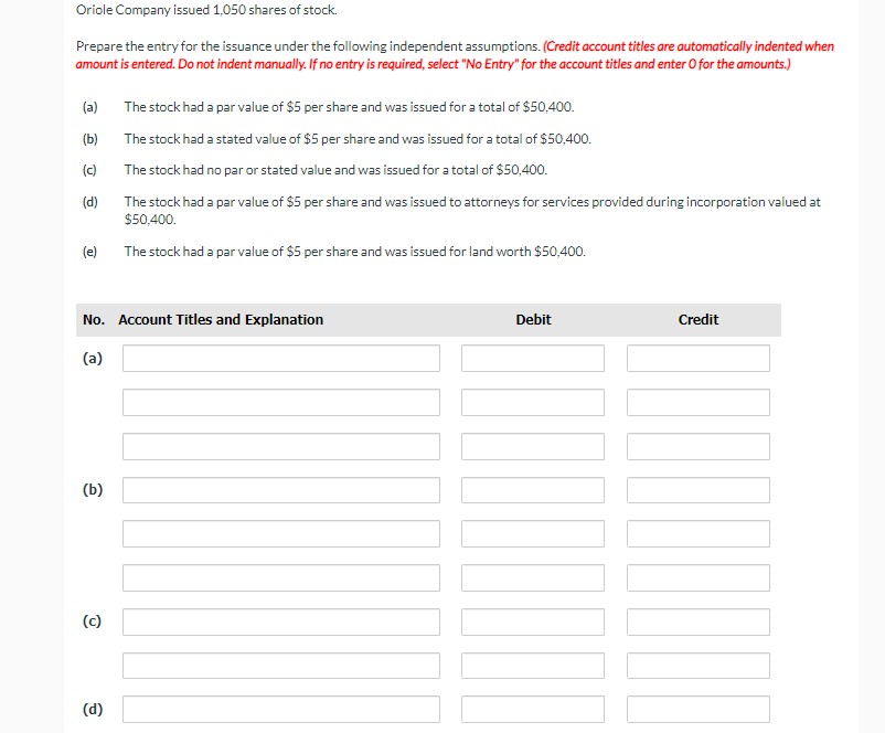 Solved Oriole Company issued 1,050 shares of stock. Prepare | Chegg.com