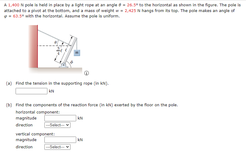 Solved A 1,400N ﻿pole is held in place by a light rope at an | Chegg.com