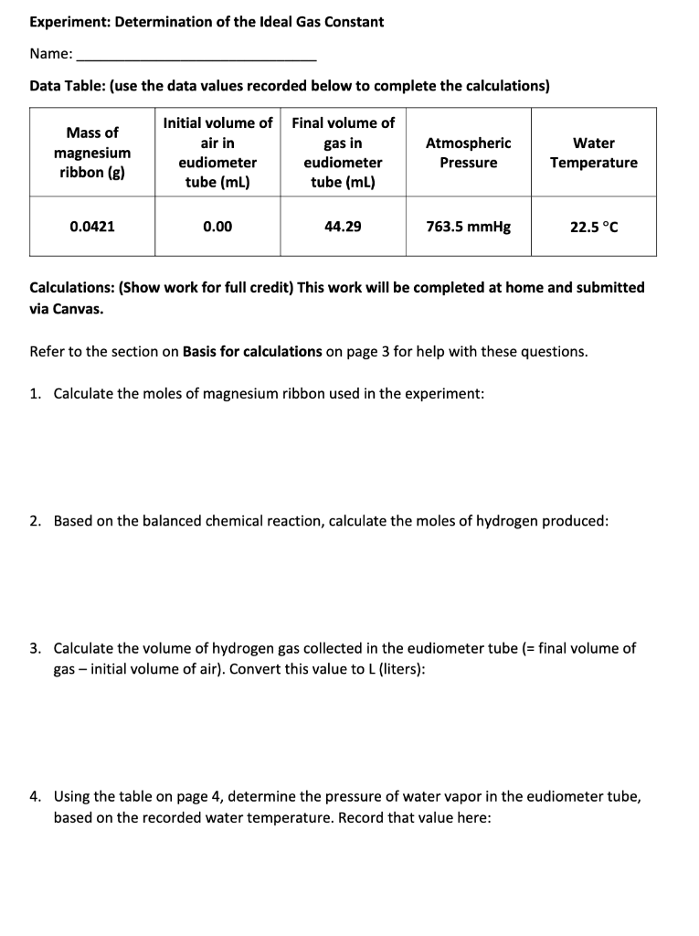 Solved Experiment: Determination of the Ideal Gas Constant | Chegg.com