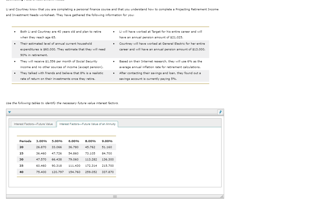 Solved Estimating Future Retirement Needs Li and Courtney | Chegg.com