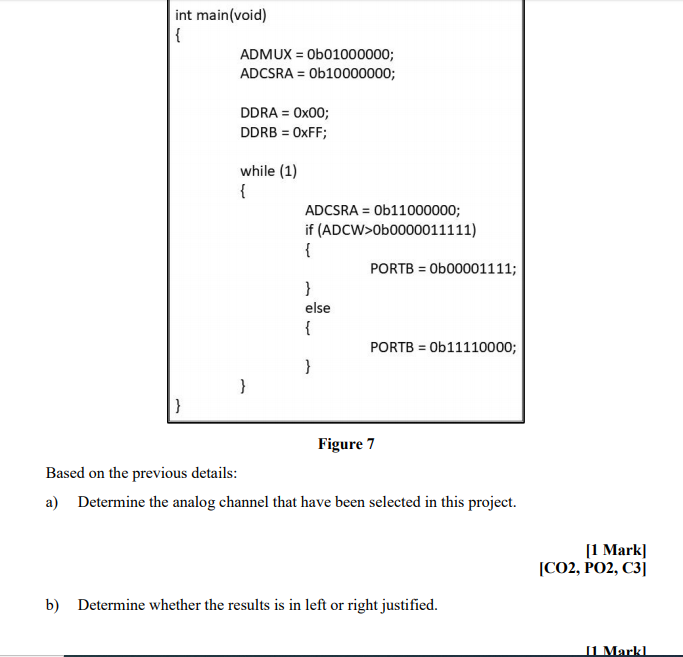 Solved int main(void) { ADMUX = Ob01000000; ADCSRA = | Chegg.com