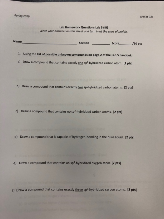 Solved Spring 2019 CHEM 331 Lab Homework Questions Lab 5 | Chegg.com