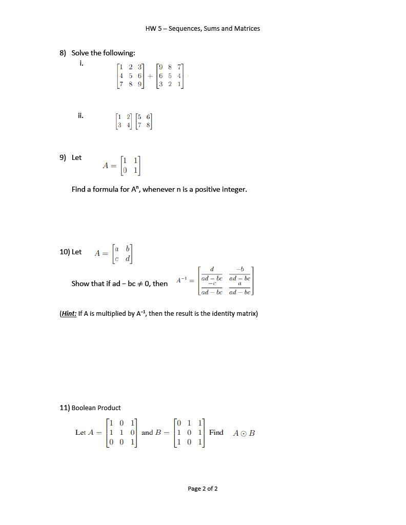 Solved HW 5 - Sequences, Sums and Matrices 1) Recognizing | Chegg.com