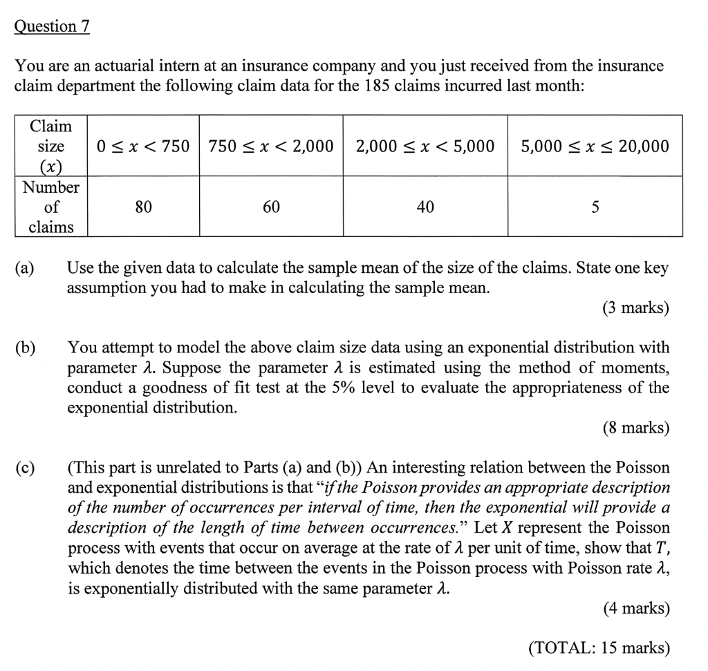 Question 7 You are an actuarial intern at an | Chegg.com