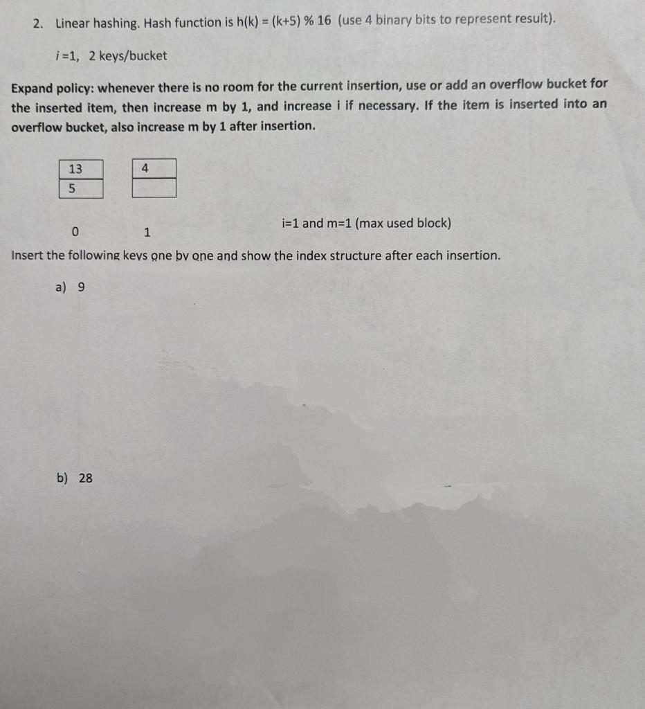 Solved 2. Linear hashing. Hash function is h(k)=(k+5)%16 | Chegg.com
