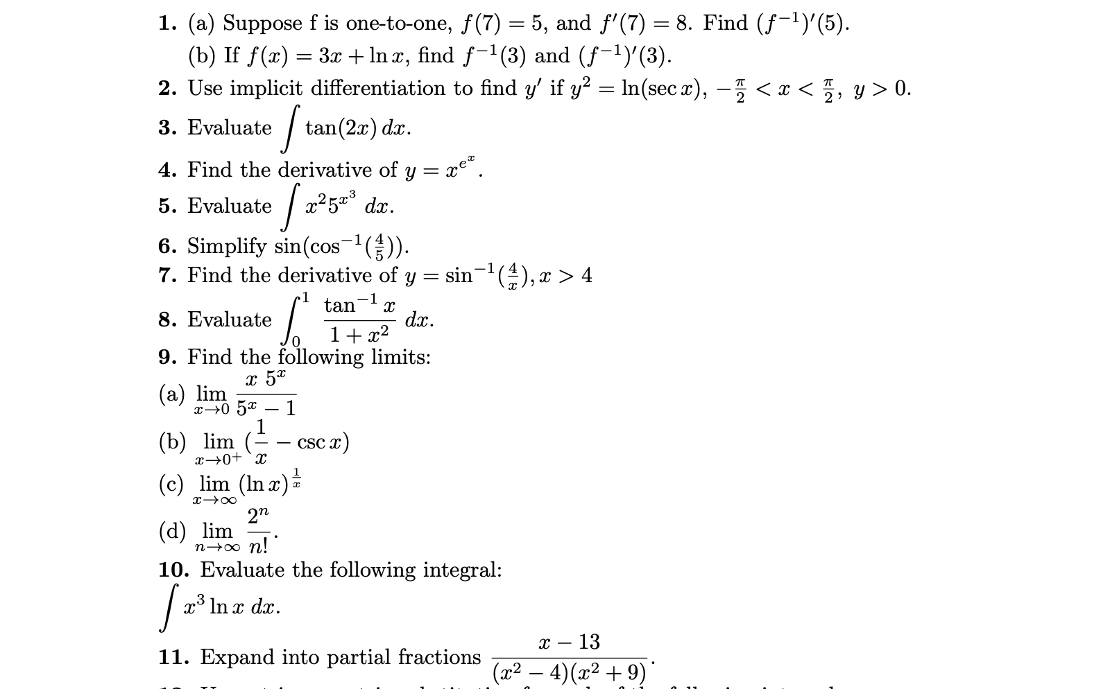 Solved 1. (a) Suppose f is one-to-one, f(7)=5, and f′(7)=8. | Chegg.com