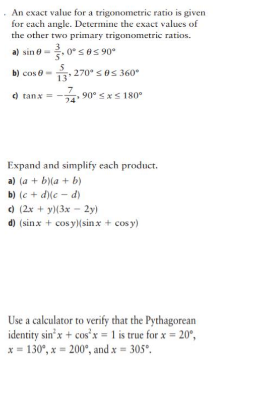 Solved . An exact value for a trigonometric ratio is given | Chegg.com
