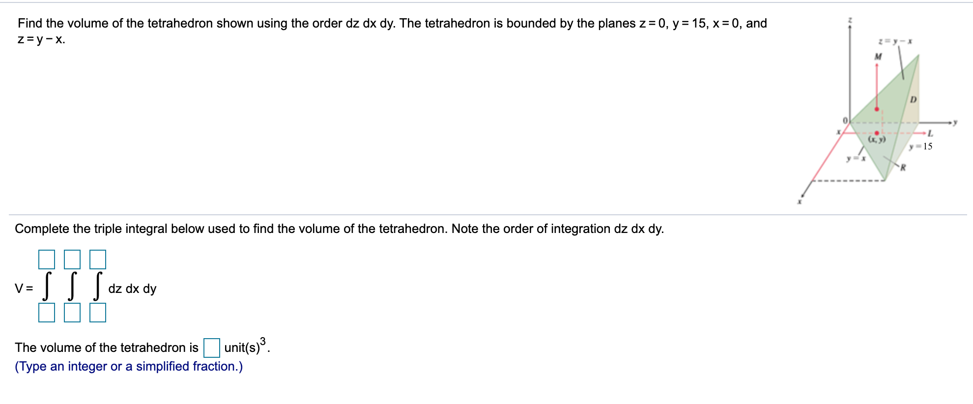 Solved Find the volume of the tetrahedron shown using the | Chegg.com
