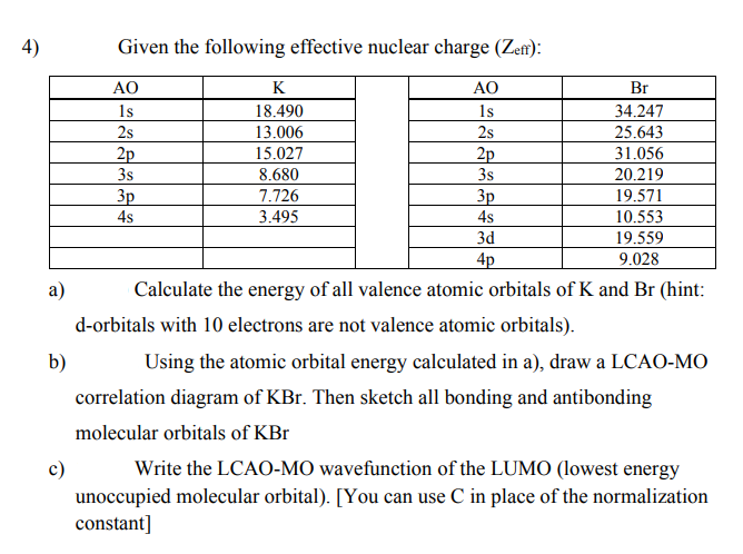 4) Given the following effective nuclear charge | Chegg.com