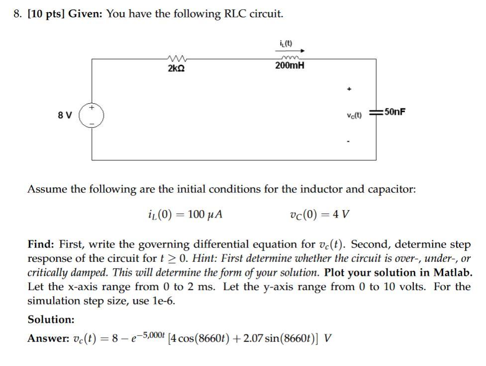 Solved 8. [10 pts] Given: You have the following RLC | Chegg.com