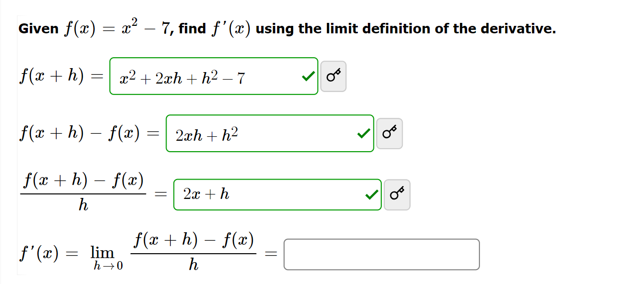 Solved Given f(x)=x2−7, find f′(x) using the limit | Chegg.com