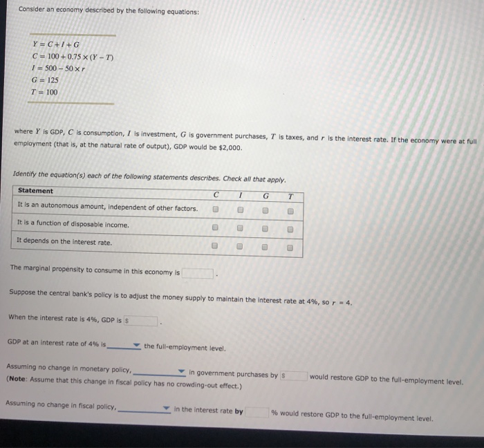 Solved Consider an economy described by the following | Chegg.com