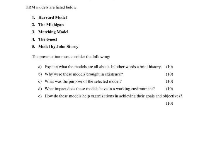 Solved HRM models are listed below. 1. Harvard Model 2. The | Chegg.com