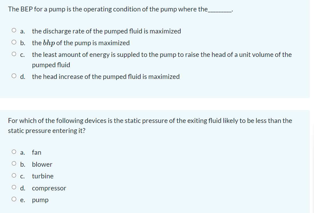 Solved The BEP for a pump is the operating condition of the | Chegg.com