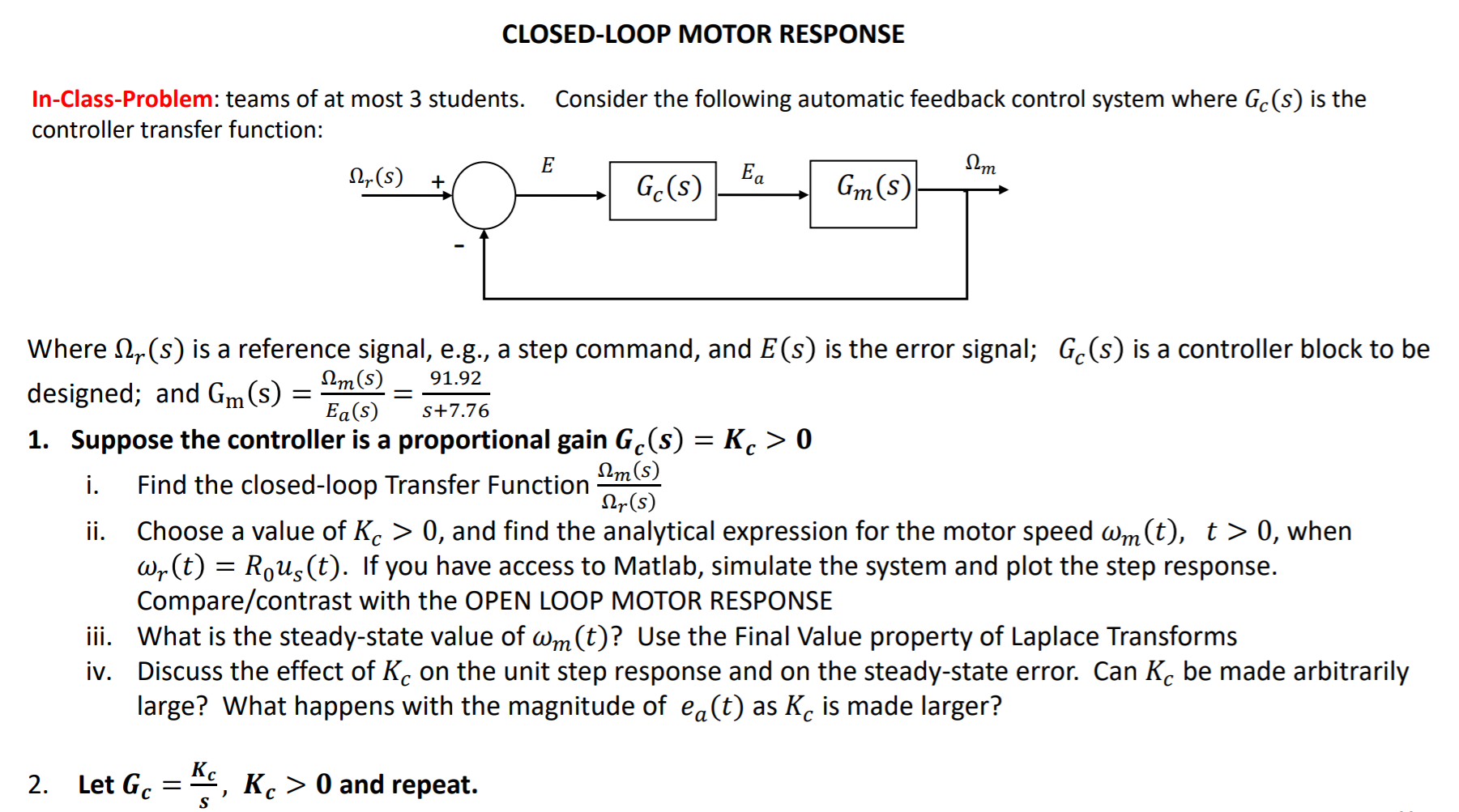 Solved CLOSED-LOOP MOTOR RESPONSE In-Class-Problem: teams of | Chegg.com
