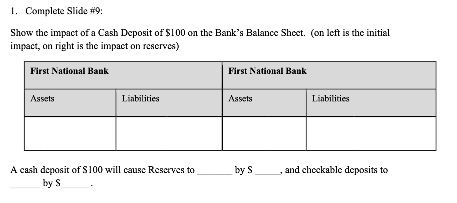 1. Complete Slide \#9: Show the impact of a Cash | Chegg.com
