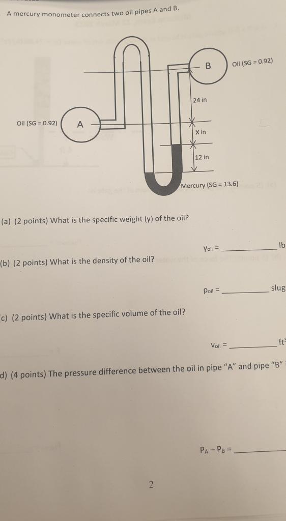 Solved A mercury monometer connects two oil pipes A and B. | Chegg.com