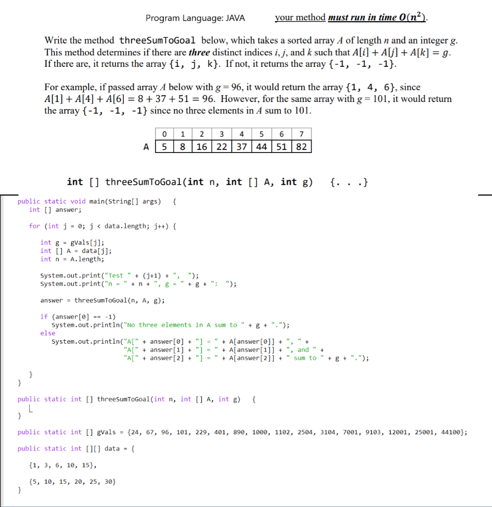 Solved Program Language: JAVA your method must run in time | Chegg.com
