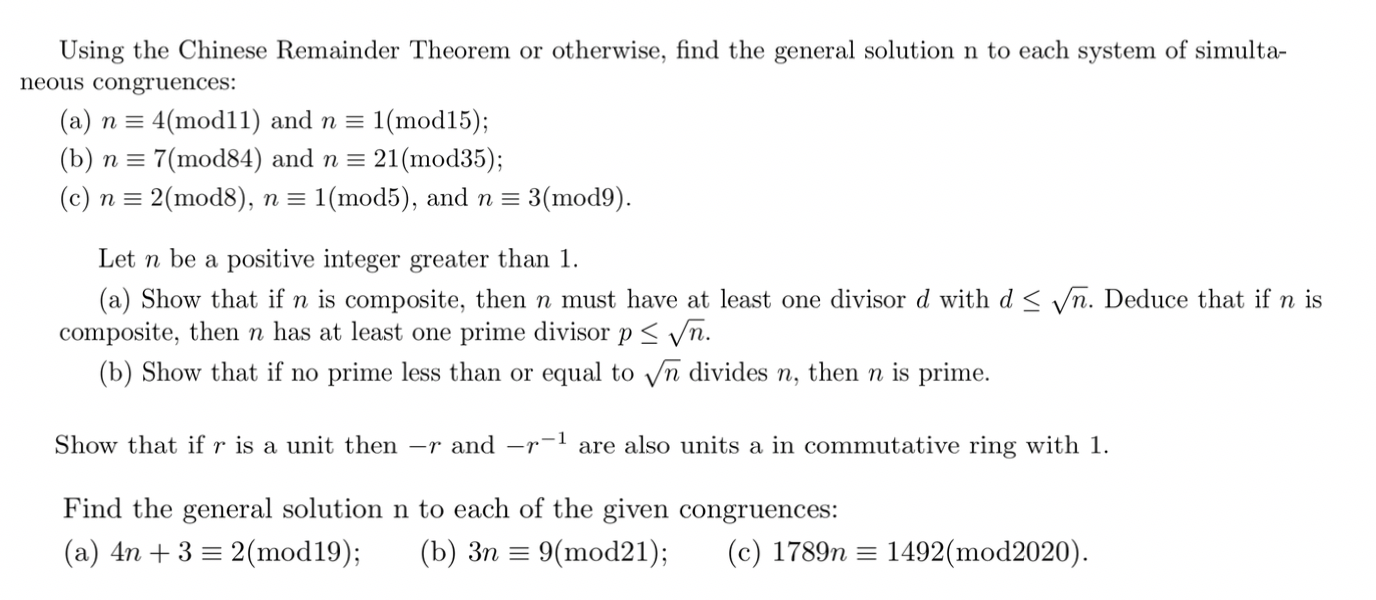 Solved Using the Chinese Remainder Theorem or otherwise, | Chegg.com