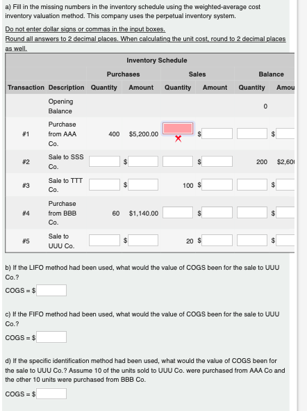 Solved a) Fill in the missing numbers in the inventory | Chegg.com