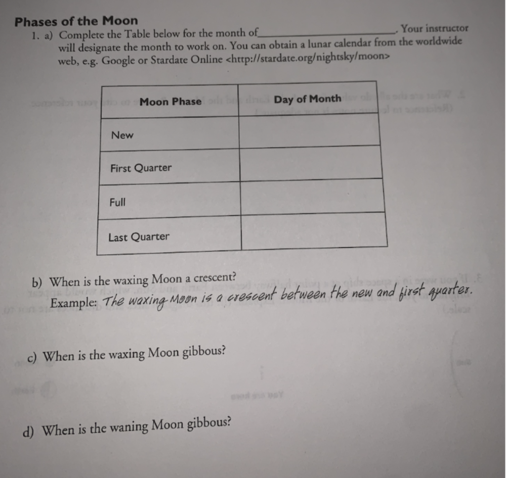 Solved Phases of the Moon 1. a) Complete the Table below for | Chegg.com