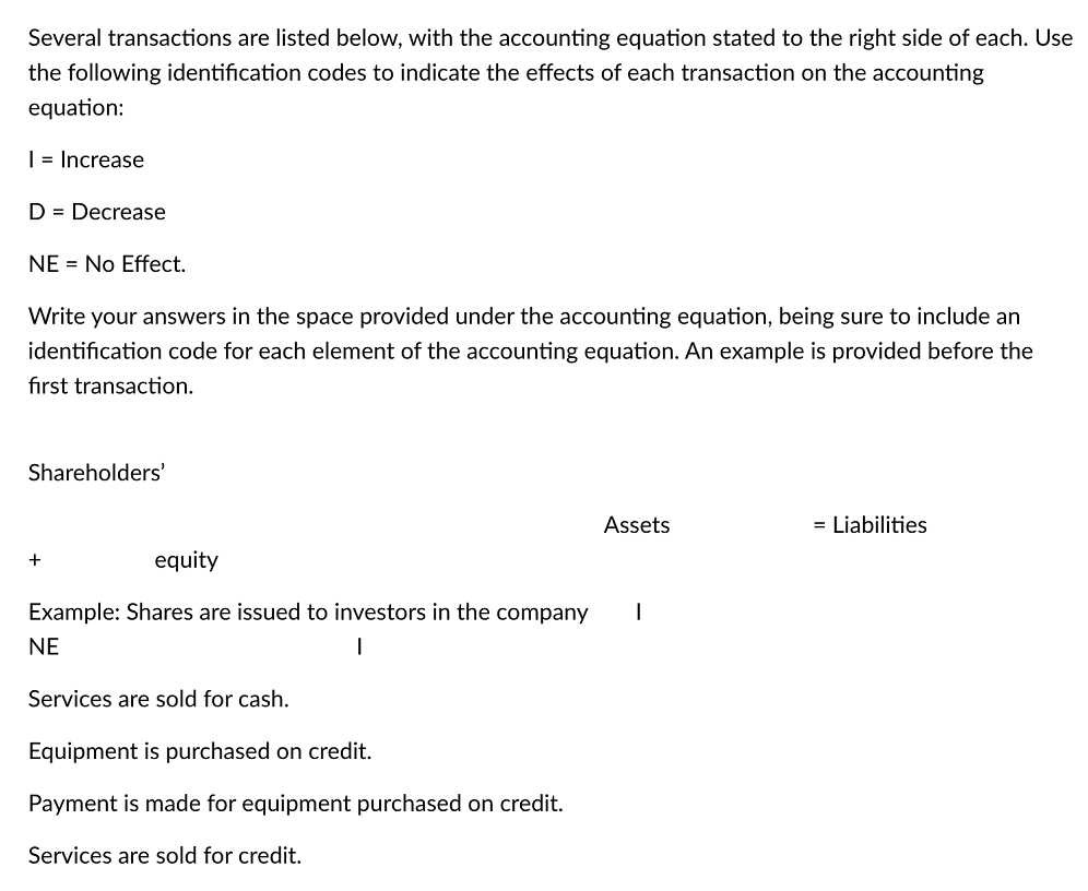 Solved Several transactions are listed below, with the | Chegg.com