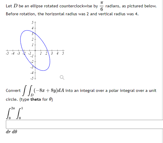 Solved Let D be an ellipse rotated counterclockwise by 6π | Chegg.com