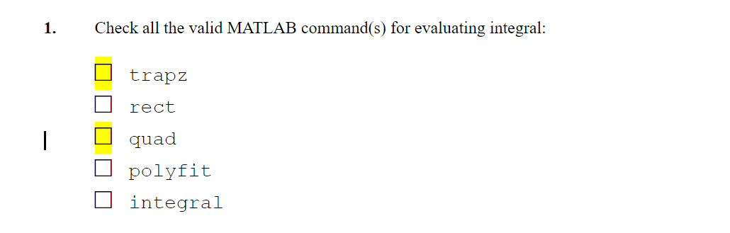 Solved 1. Check all the valid MATLAB command(s) for | Chegg.com