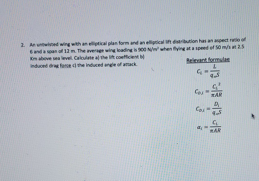 Solved An untwisted wing with an elliptical plan form and an | Chegg.com