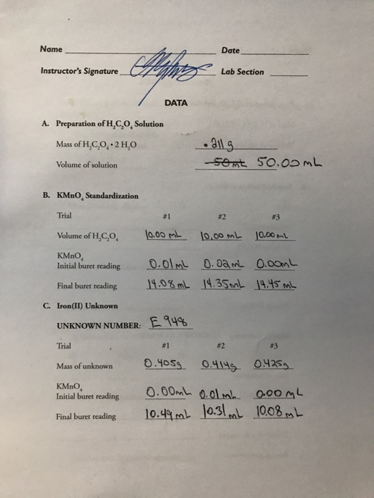 Solved Name Date Instructor's Signature Lab Section DATA A. | Chegg.com