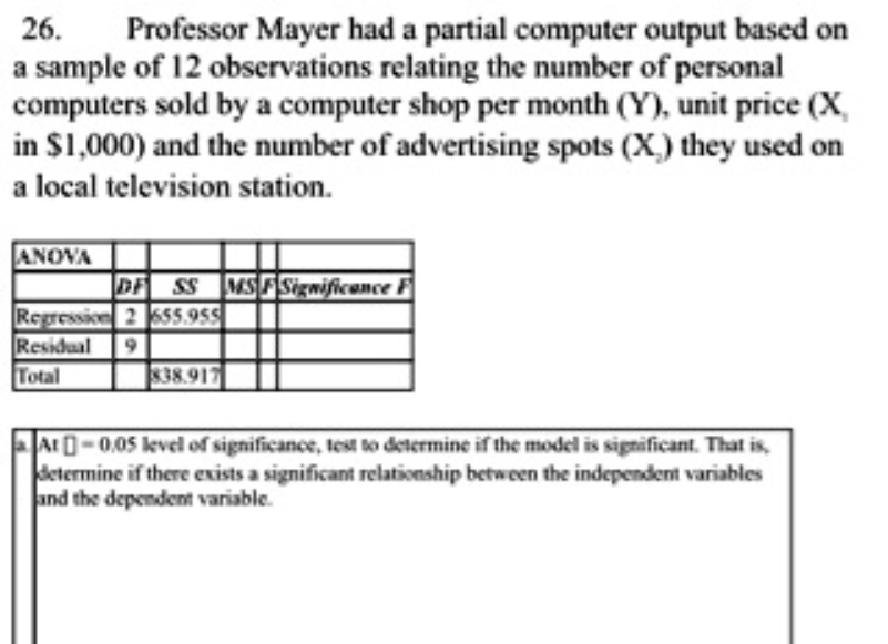 Solved 26. Professor Mayer had a partial computer output | Chegg.com
