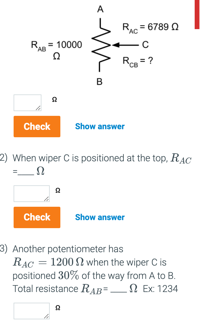 Solved 2) When wiper C is positioned at the top, RAC =Ω Ω 3) | Chegg.com
