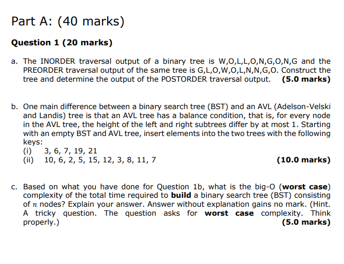 Solved Question 1 (20 marks) a. The INORDER traversal output | Chegg.com