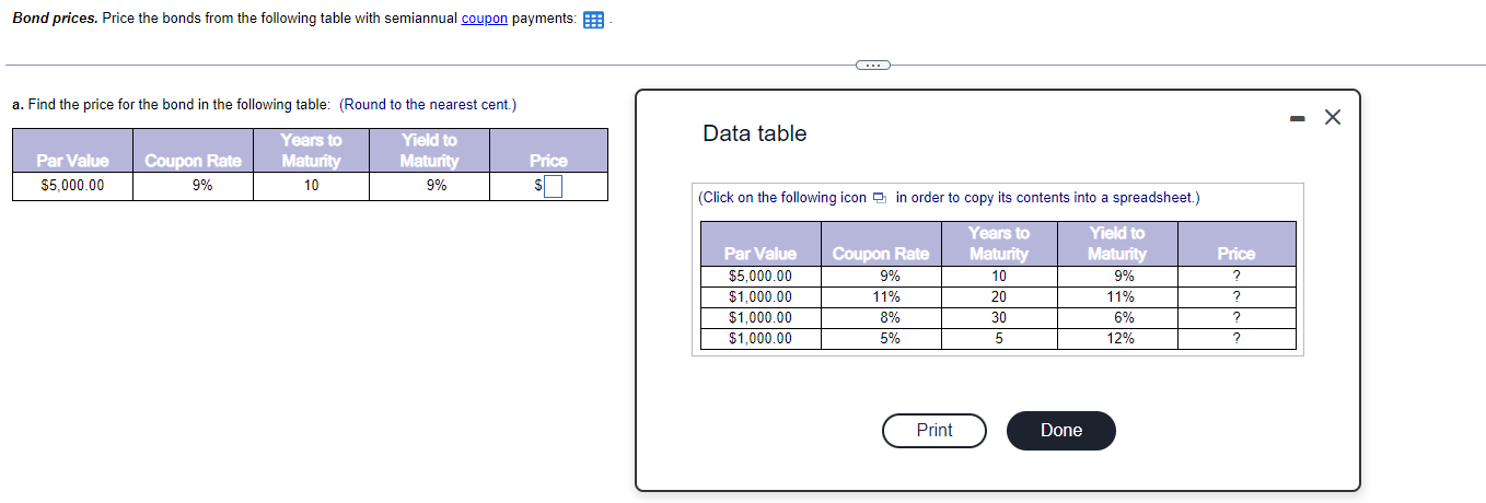 Solved Bond prices. Price the bonds from the following table | Chegg.com
