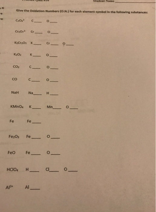 Solved Give the Oxidation Numbers (O.N.) for each element | Chegg.com