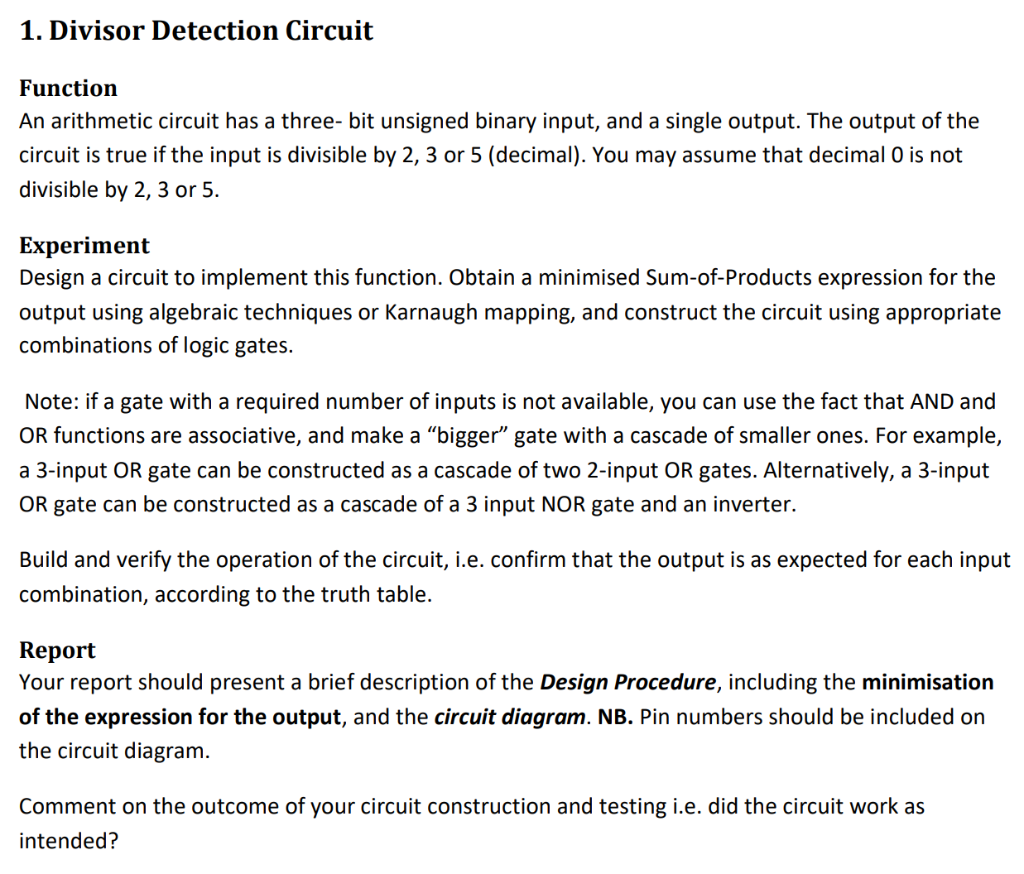 Solved 1. Divisor Detection Circuit Function An arithmetic | Chegg.com