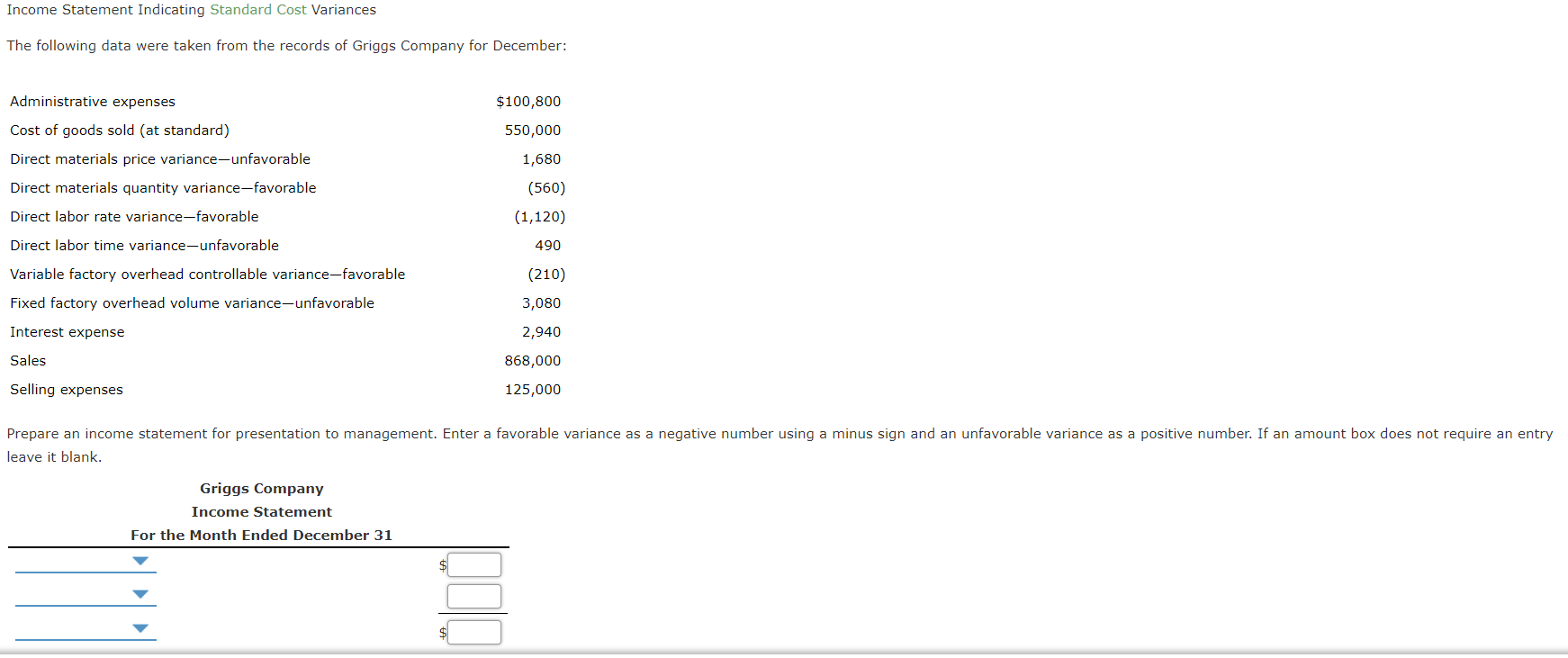 Solved Income Statement Indicating Standard Cost Variances | Chegg.com