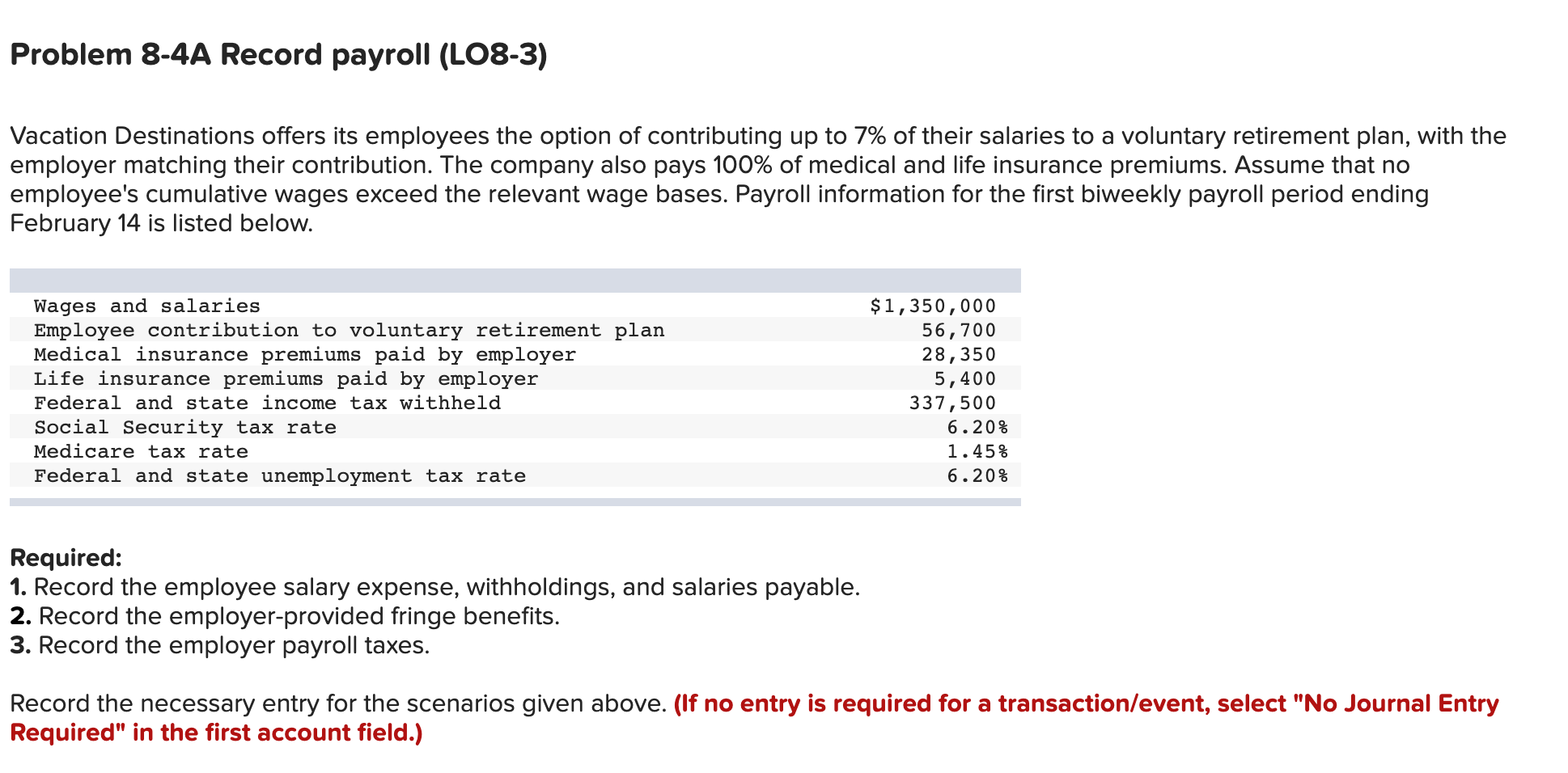 Solved Problem 8-4A Record payroll (LO8-3) Vacation | Chegg.com