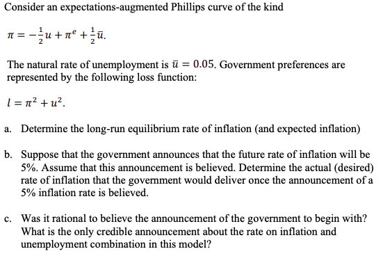 Consider an expectations-augmented Phillips curve of | Chegg.com