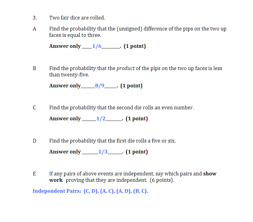 Solved 3. Two fair dice are rolled. A Find the probability | Chegg.com