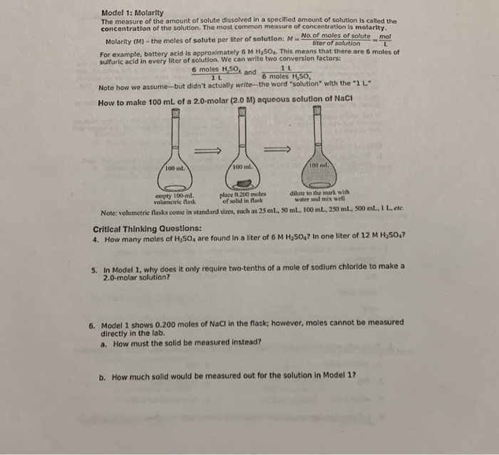 Solved Model 1: Molarity The measure of the amount of solute | Chegg.com