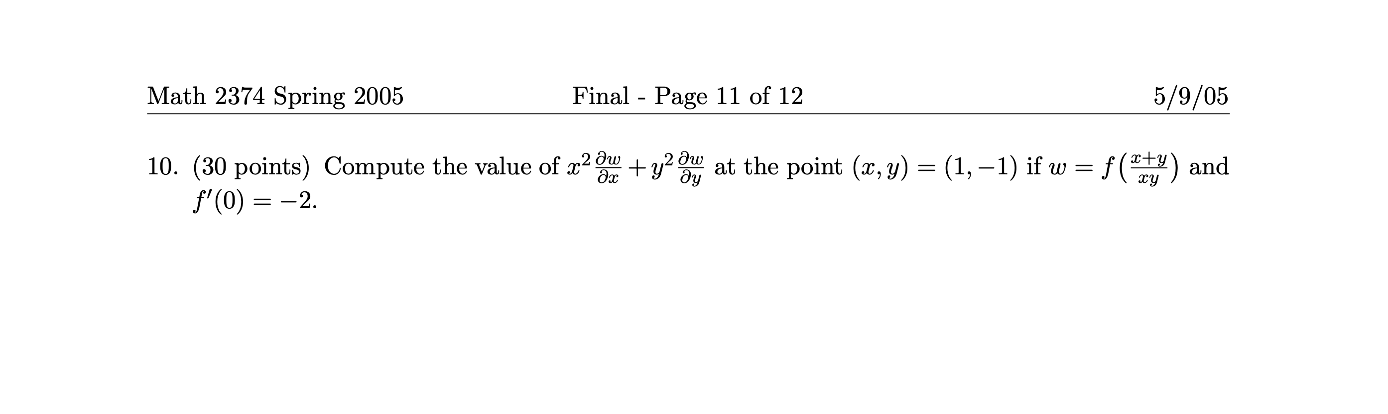 Solved Math 2374 Spring 2005 Final - Page 11 of 12 5/9/05 x | Chegg.com