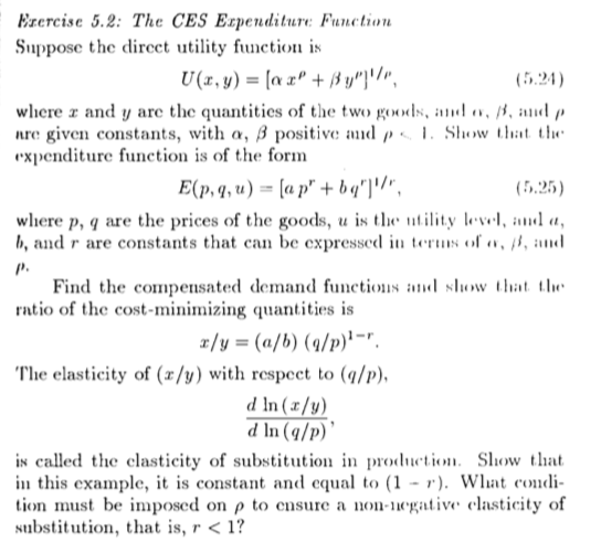 Exercise 5.2: The CES Expenditure Function Suppose | Chegg.com