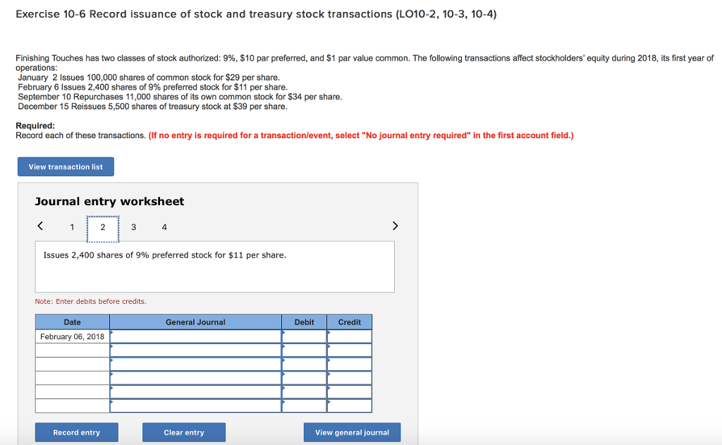 Solved Exercise 10-6 Record issuance of stock and treasury | Chegg.com