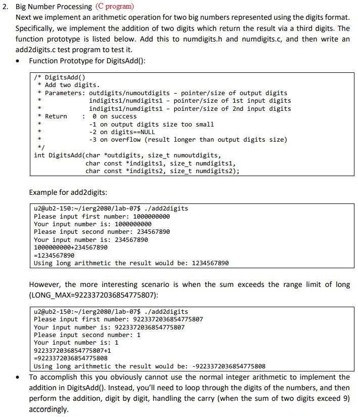 2. Big Number Processing (C program) Next we | Chegg.com